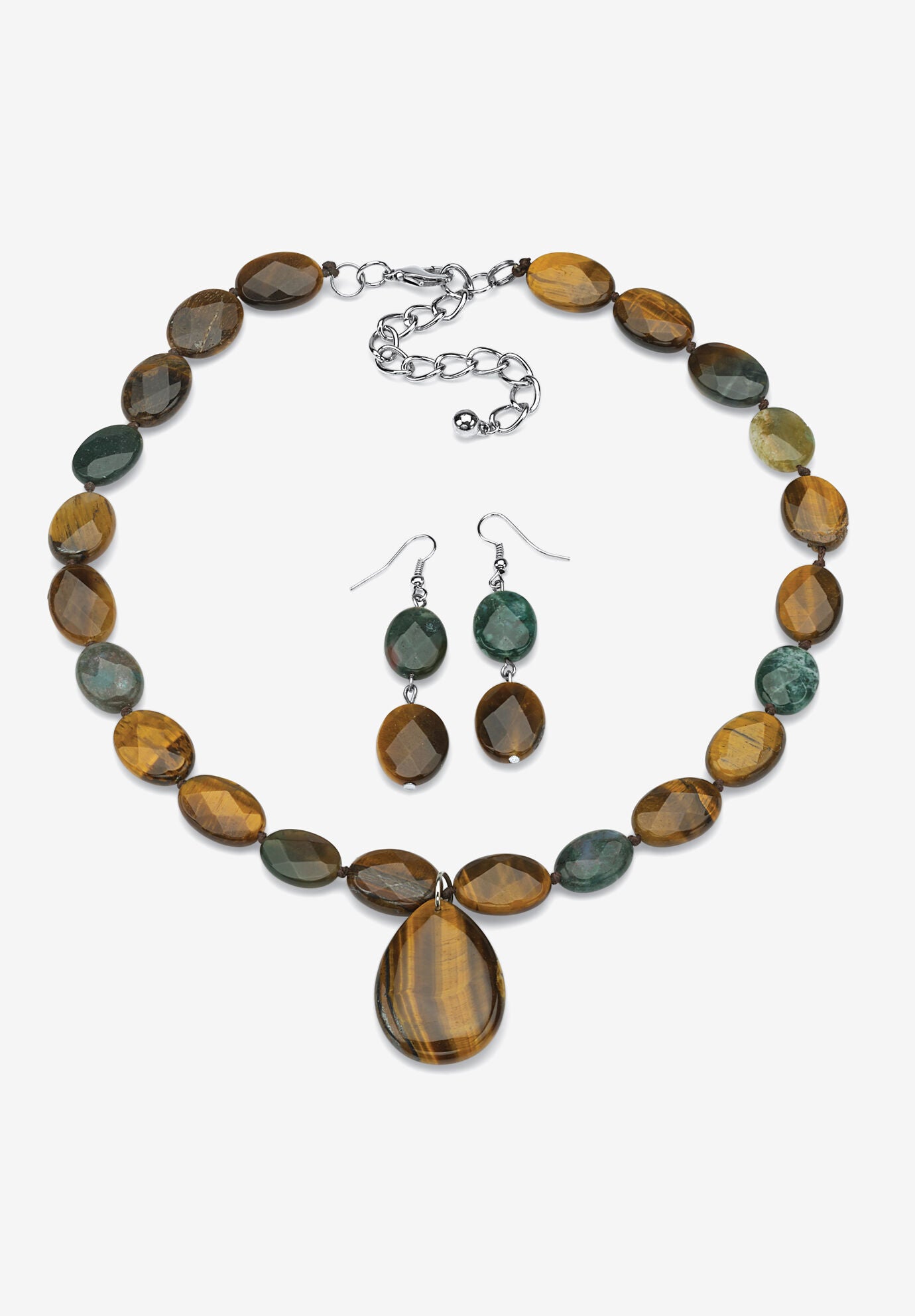 Strand Necklace and Drop Earring Set, Genuine Tiger's Eye and Jasper ...